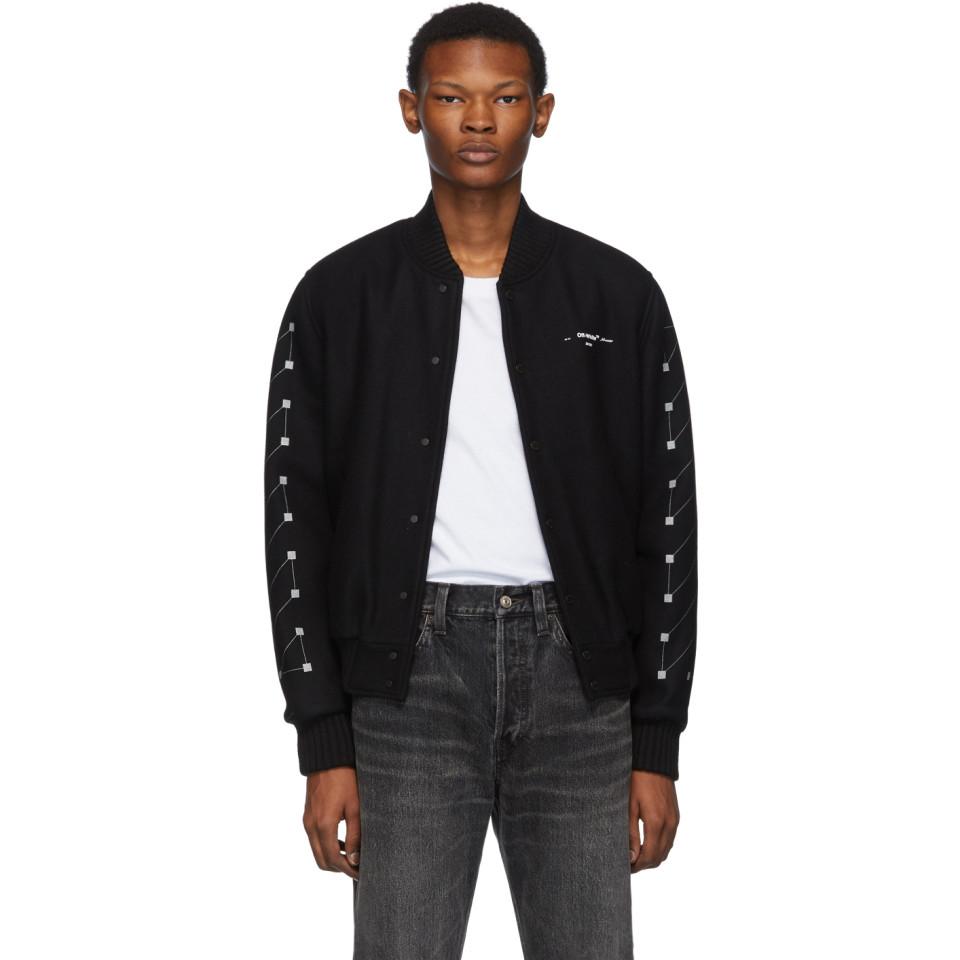 Off-White c/o Virgil Abloh Wool Black Embroidered Skinny Varsity Bomber ...