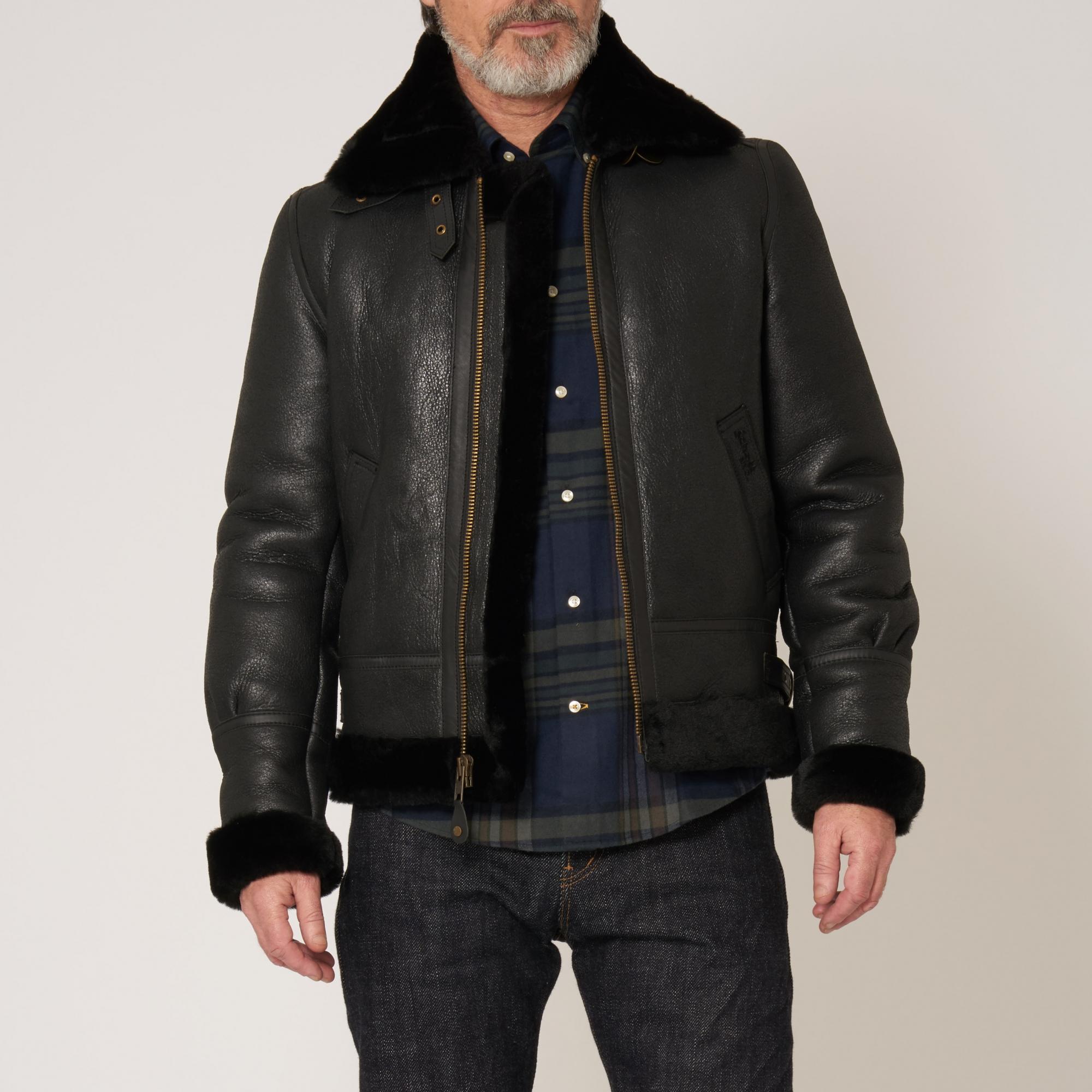 Schott Nyc Schott Bombardier Black Sheepskin Leather Jacket in Black ...
