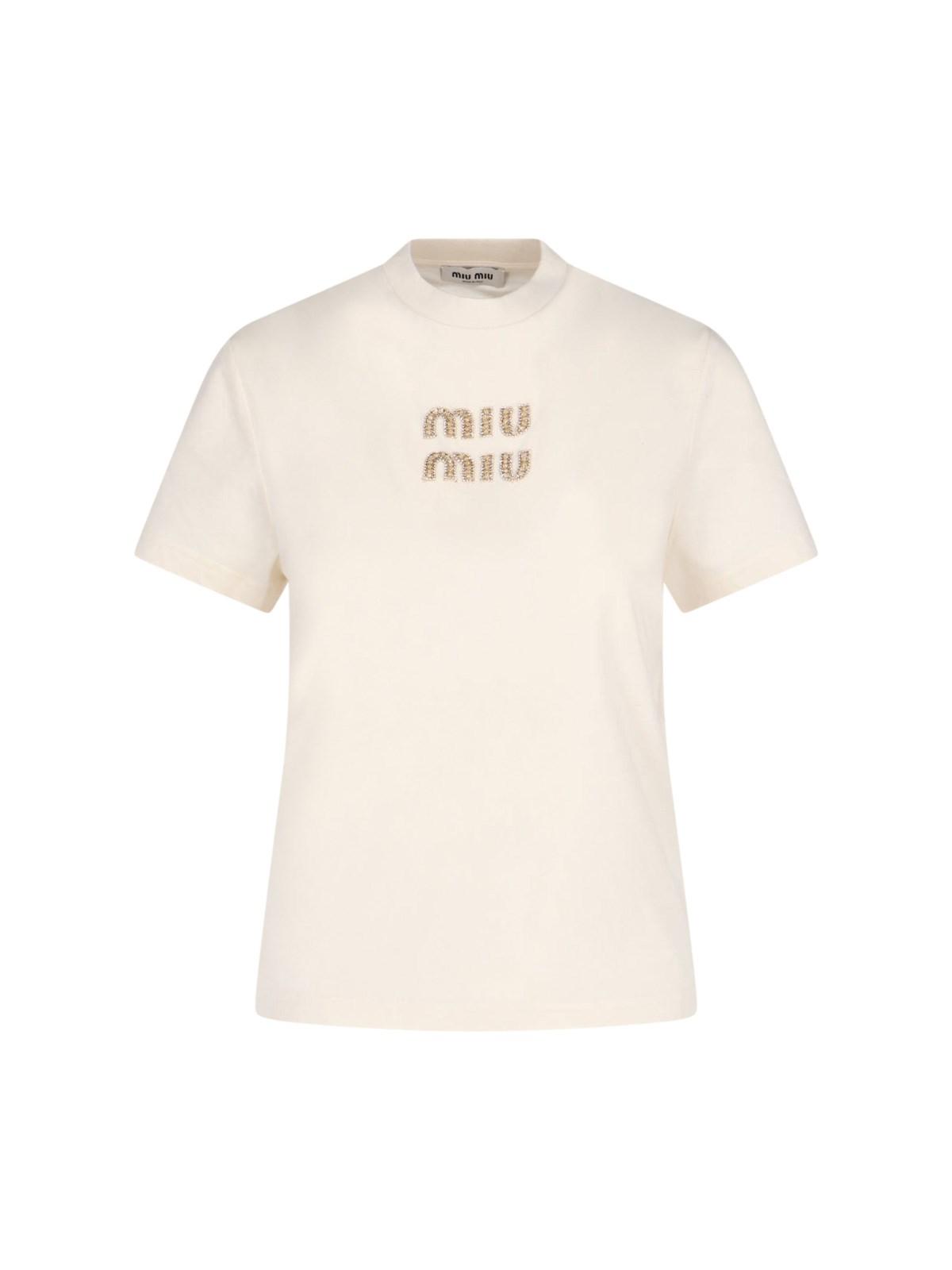 Miu Miu Logo T-Shirt With Rhinestones in Natural | Lyst UK Miu Miu Logo T-Shirt With Rhinestones in Natural | Lyst UK