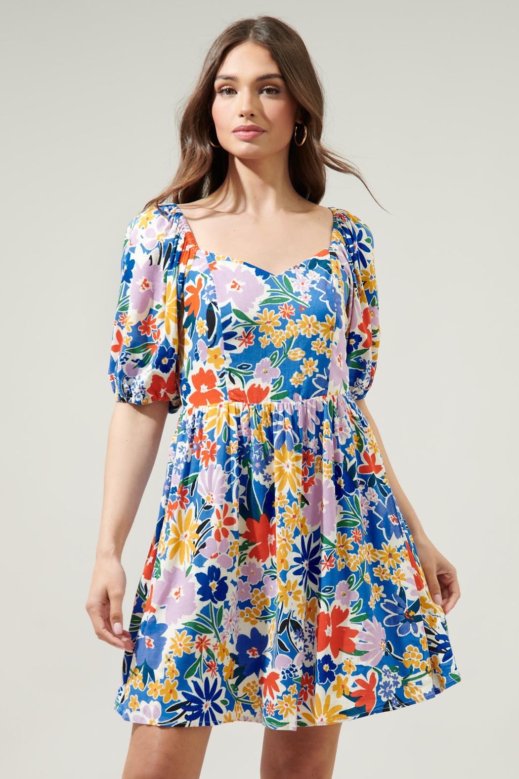 Sugarlips Ojai Floral Zipporah Puff Sleeve Sweetheart Mini Dress In