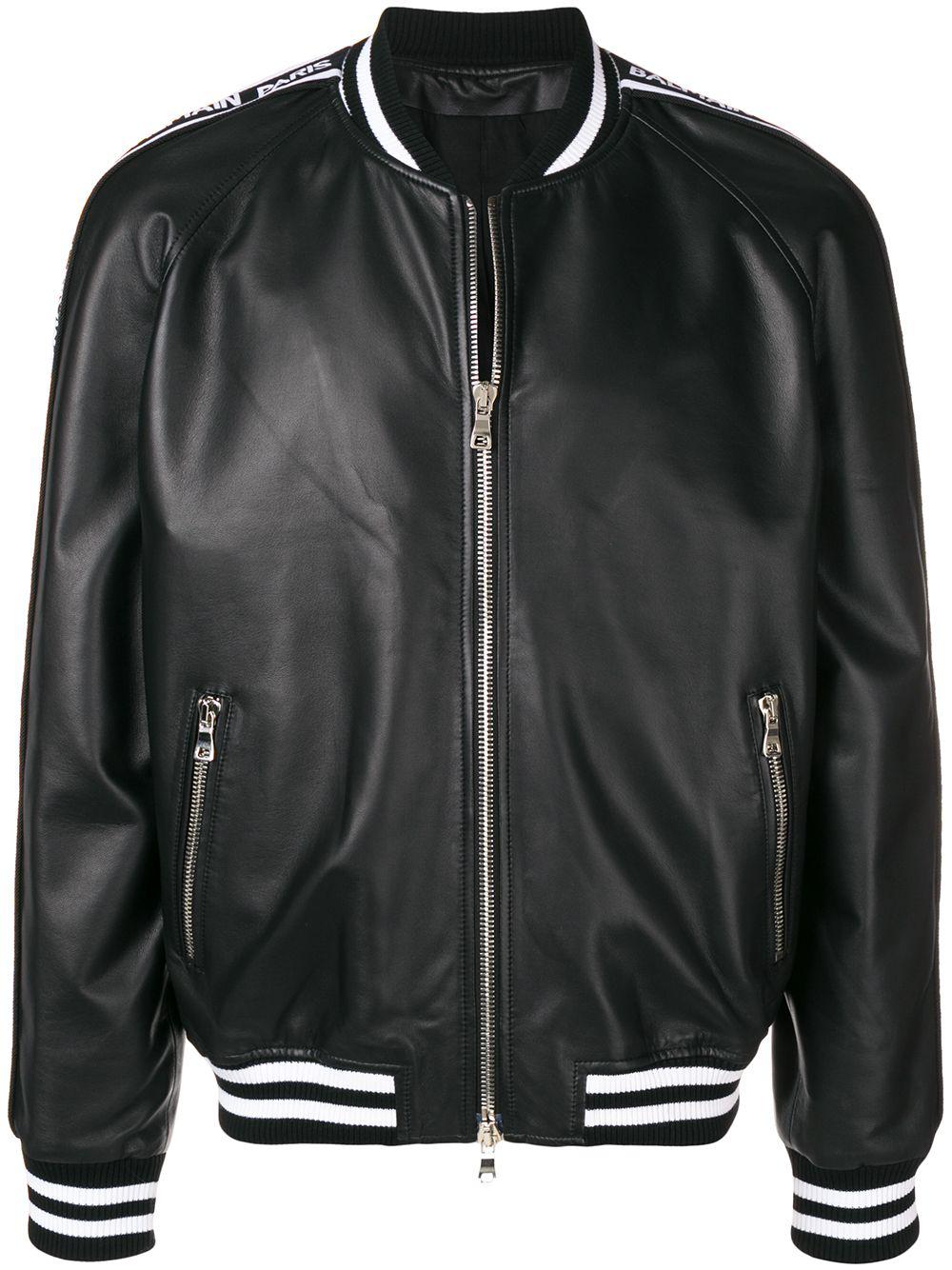 Balmain Leather Bomber Jacket With Logo in Black for Men | Lyst