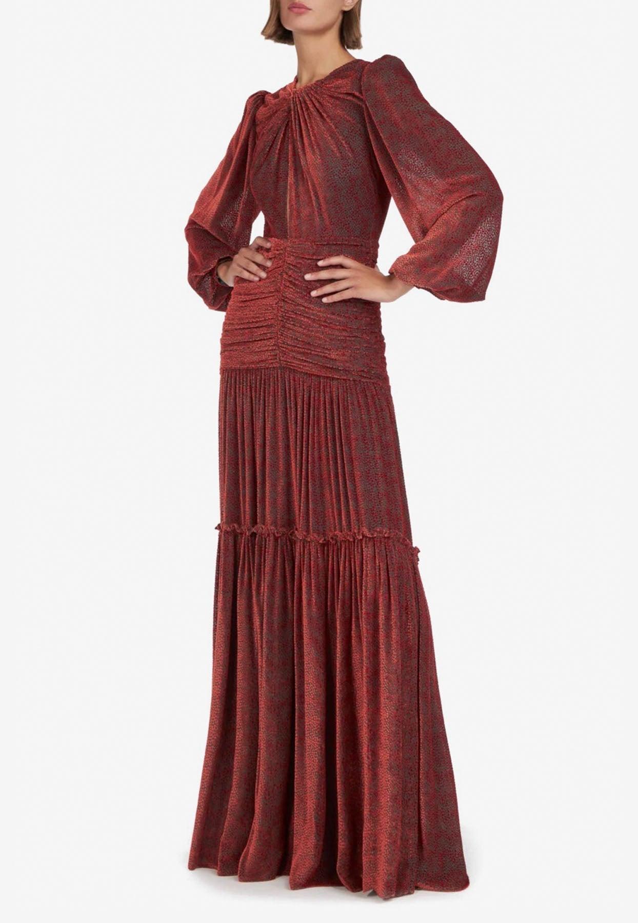 Costarellos Sabrina Ruched Silk Velvet Devorè Maxi Dress in Red | Lyst