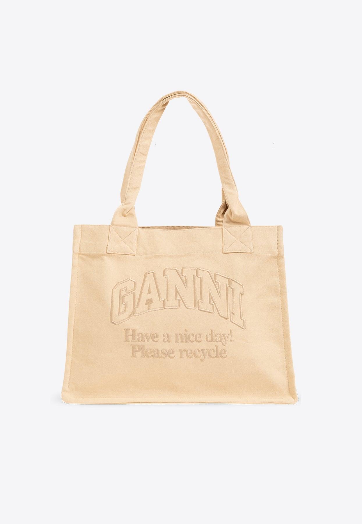 Ganni Large Logo Embroidered Tote Bag in Natural | Lyst