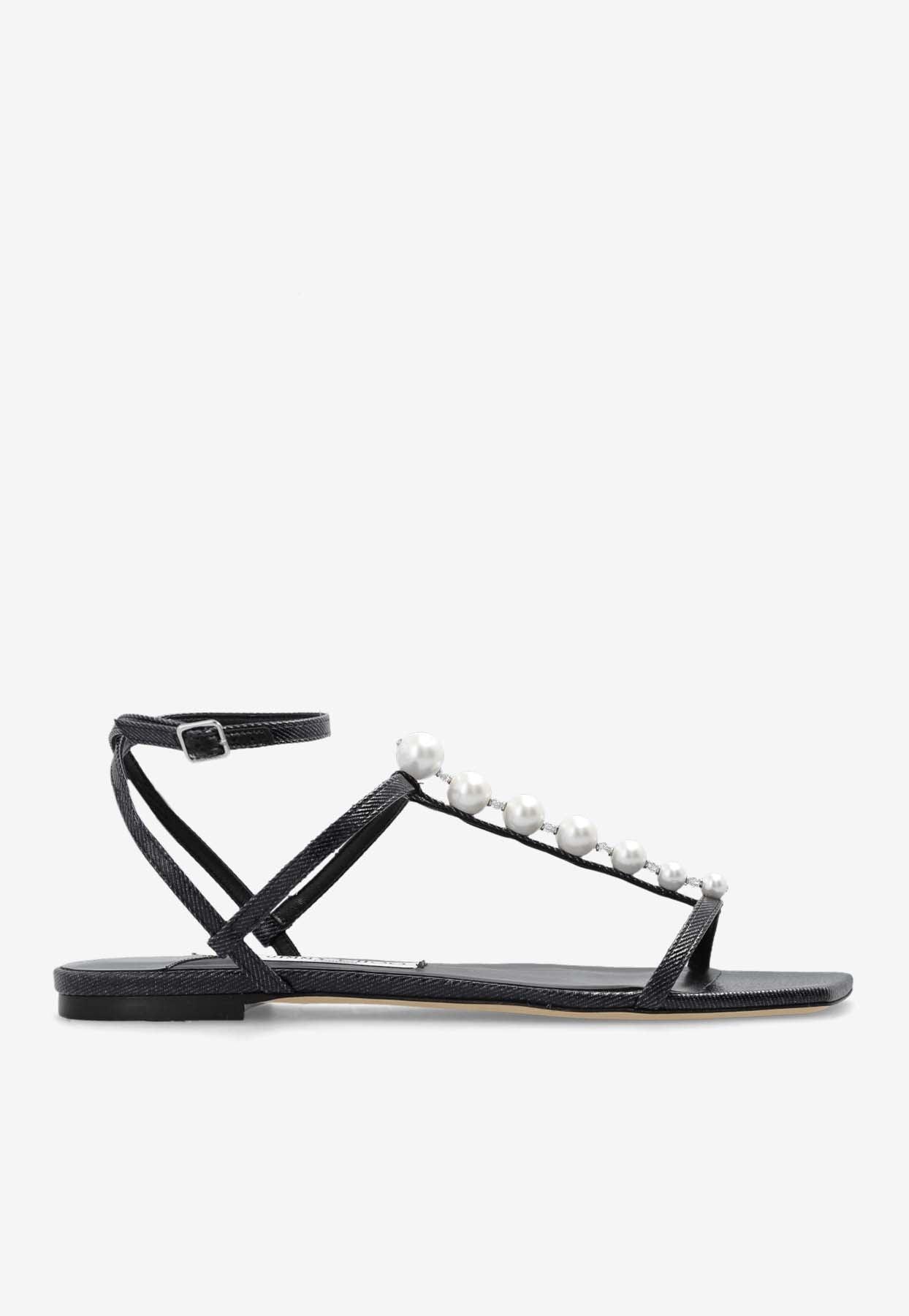 Jimmy Choo Amari Pearl Embellished Flat Sandals in White | Lyst