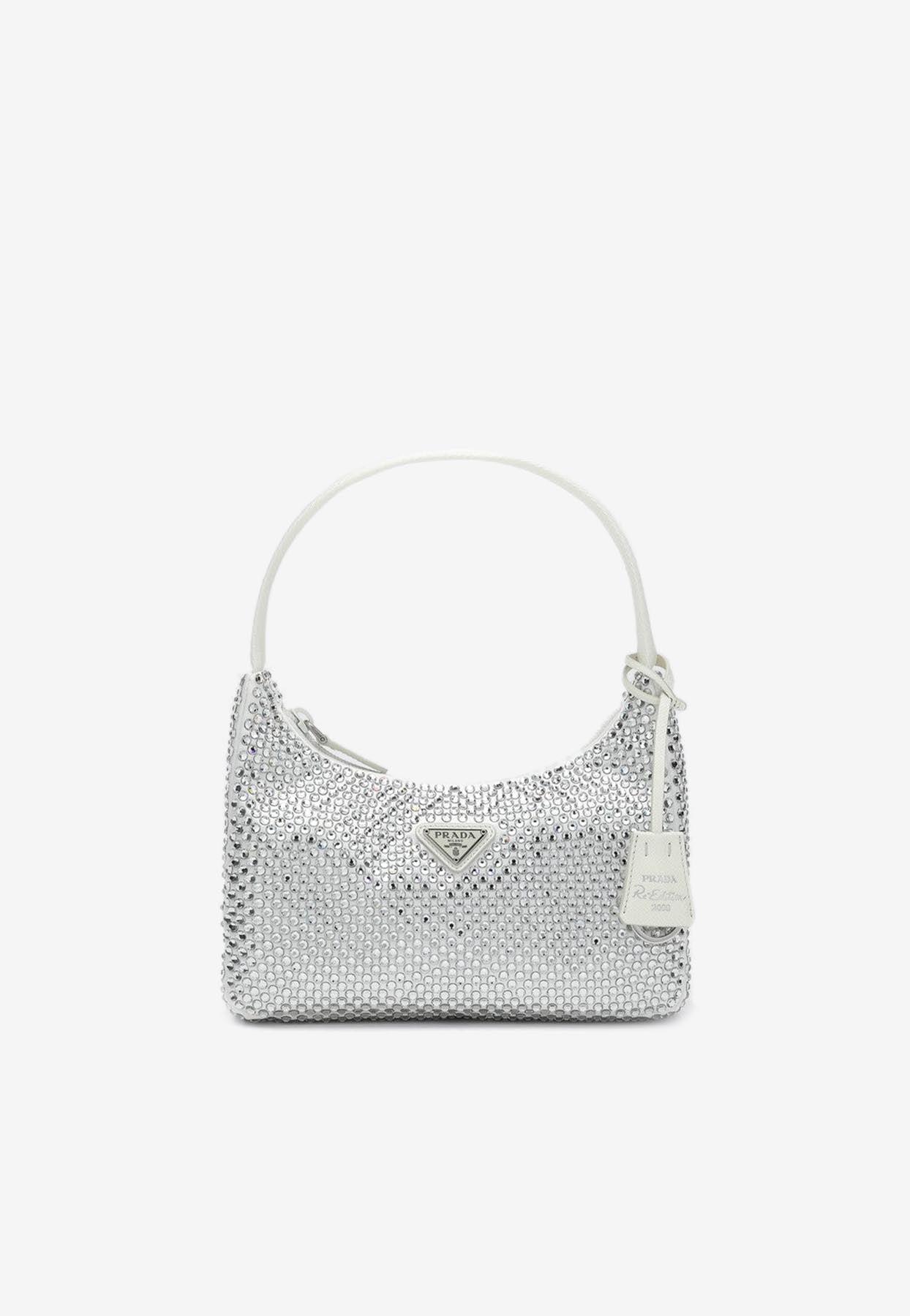 Prada Crystal Embellished Re-Edition Shoulder Bag in White | Lyst