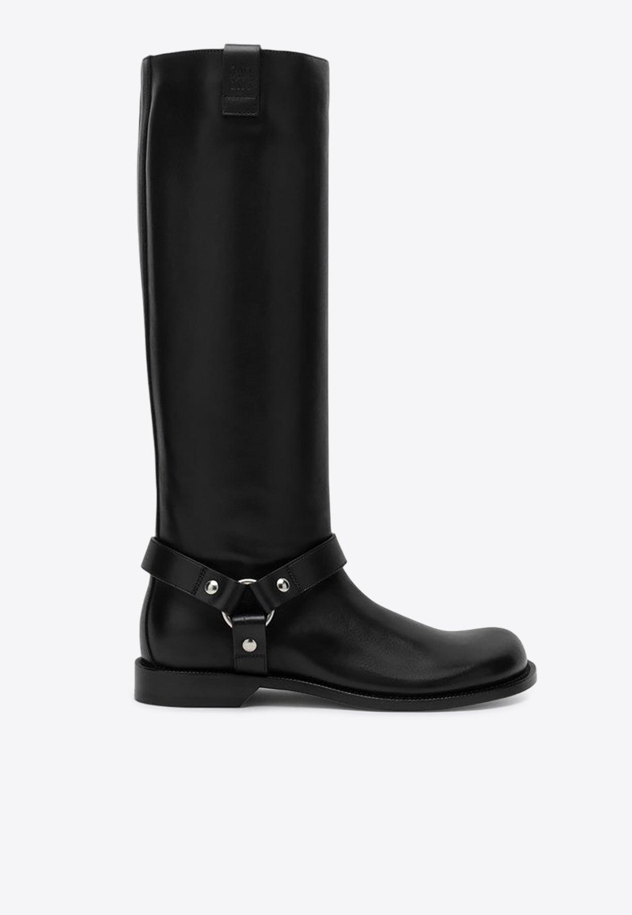 Loewe Campo Biker Leather Knee-High Boots in Black | Lyst