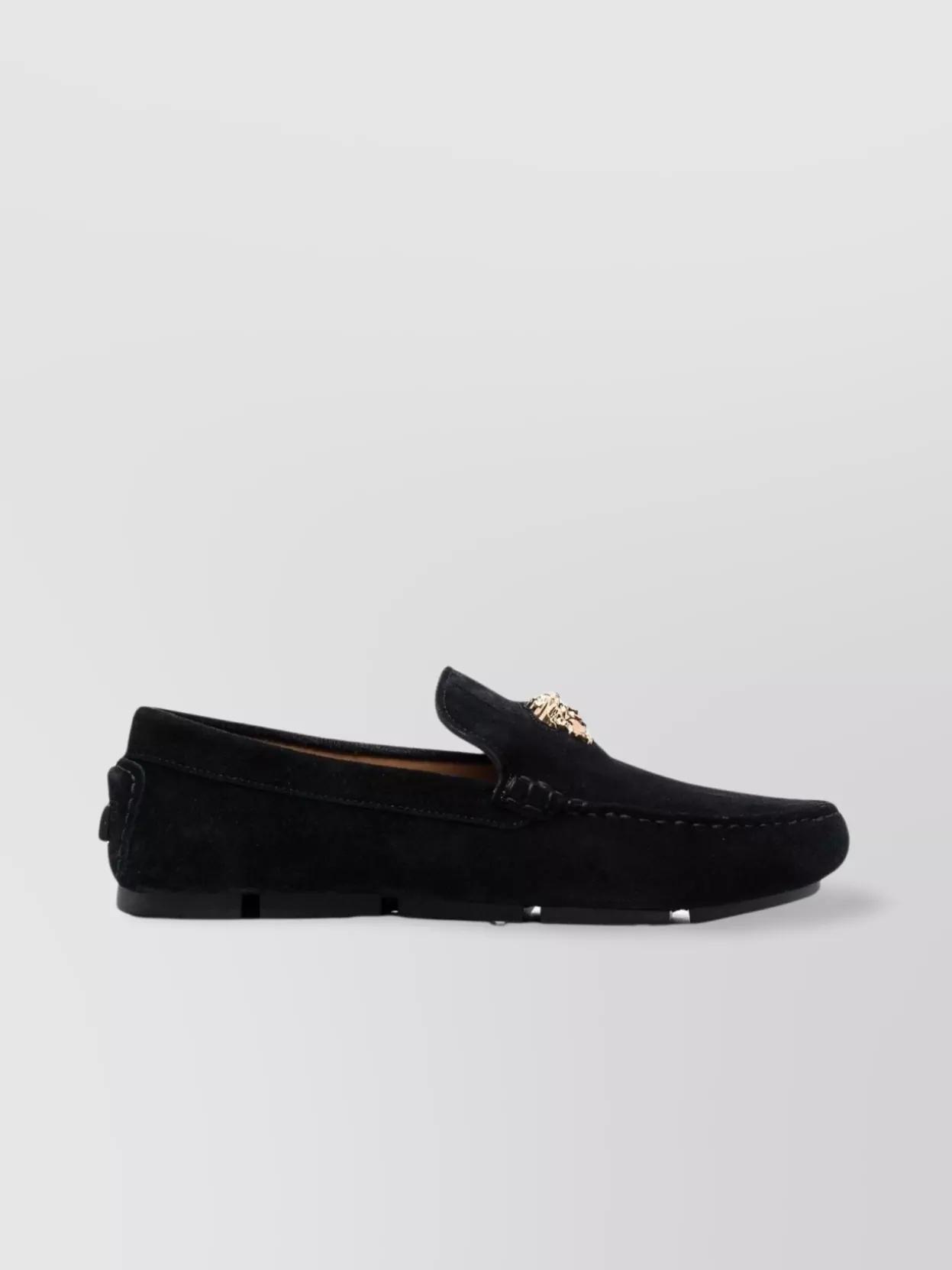 Versace Logo Embellished Suede Loafers in Black for Men | Lyst