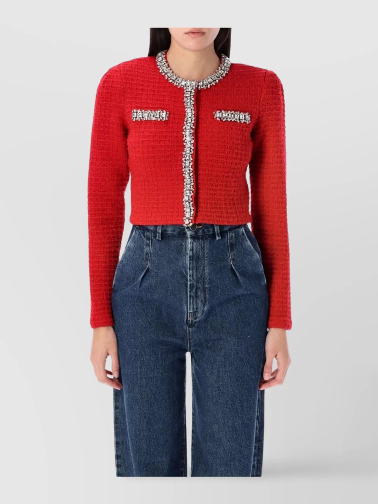Self-Portrait Knit Jacket Embellished Trims in Red | Lyst