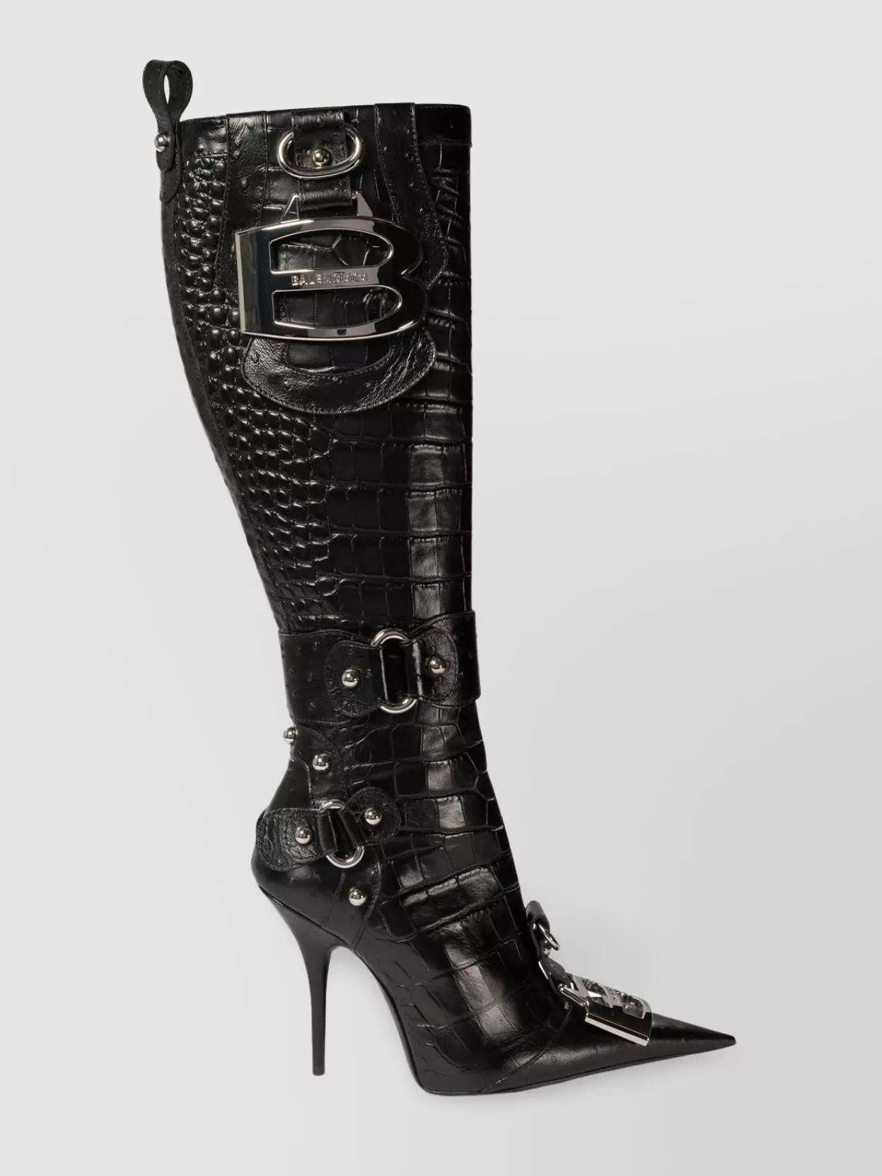 Balenciaga "Essex" Crocodile Texture Knee Length Boots in Black | Lyst