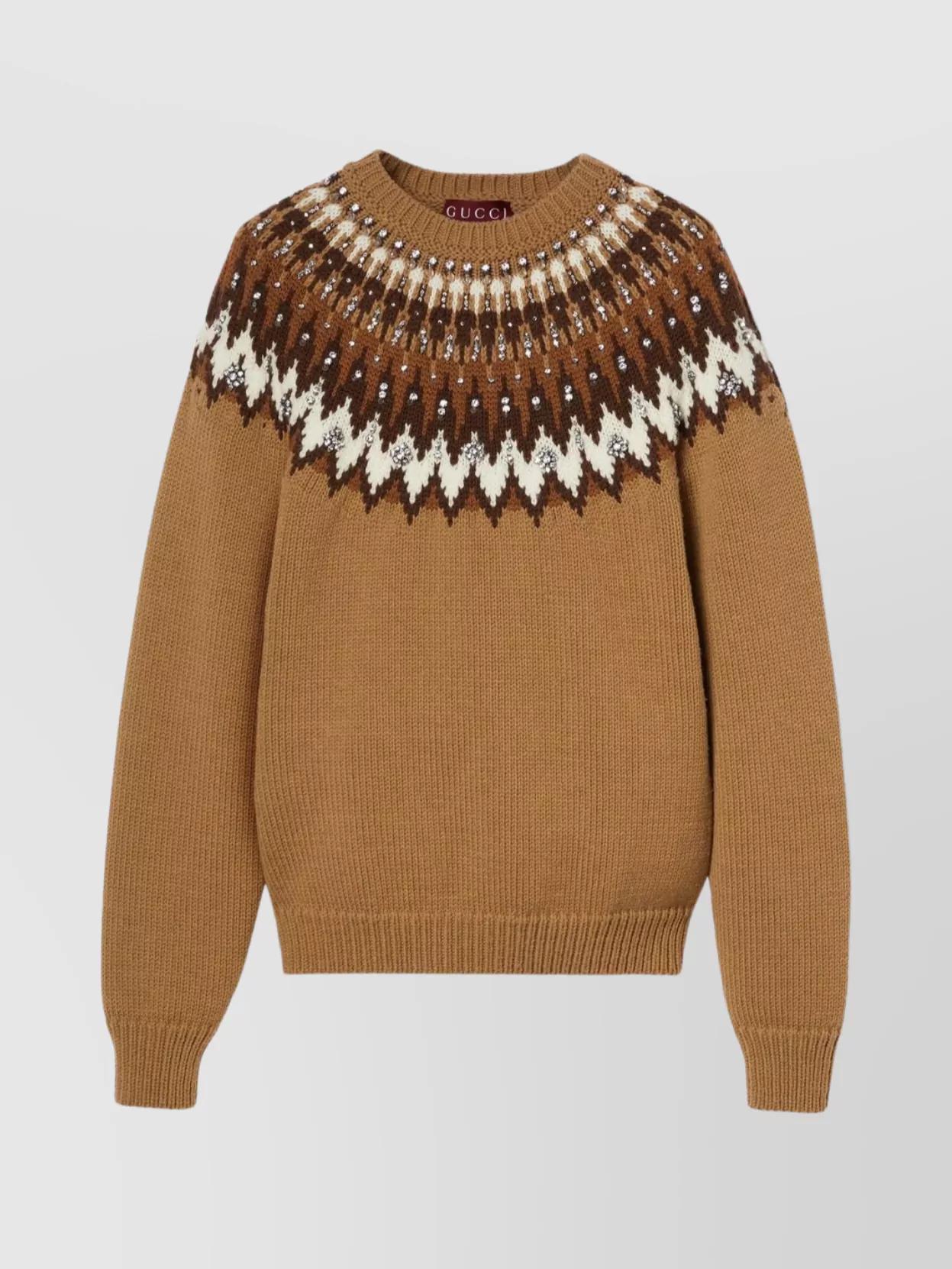 Gucci Wool Crew Neck Sweater With Ribbed Cuffs in Brown | Lyst