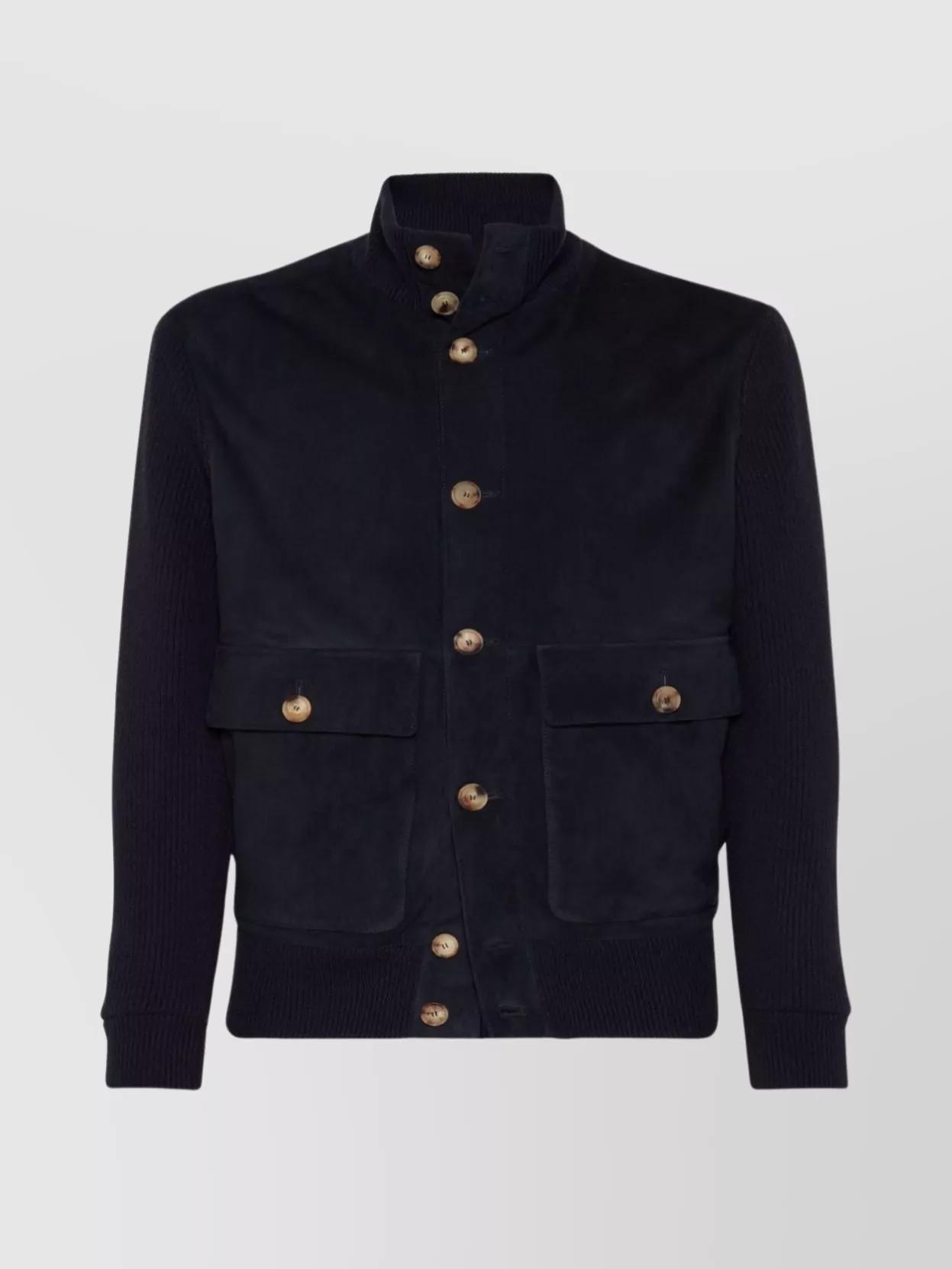 Brunello Cucinelli Leather Bomber Jacket With Ribbed Knit Panels in ...