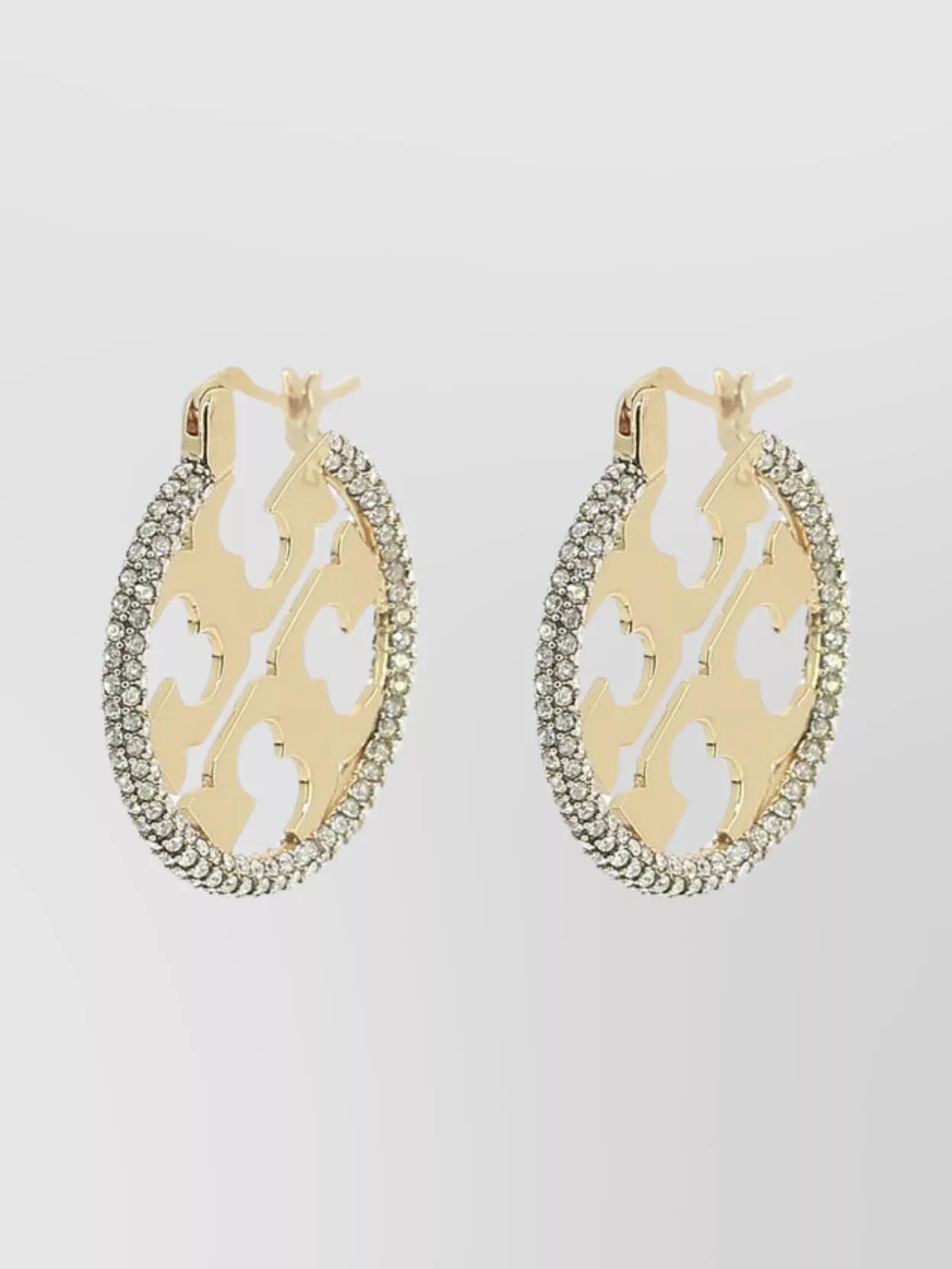 Tory Burch Crystal Logo Cut-Out Round Earrings in Natural | Lyst
