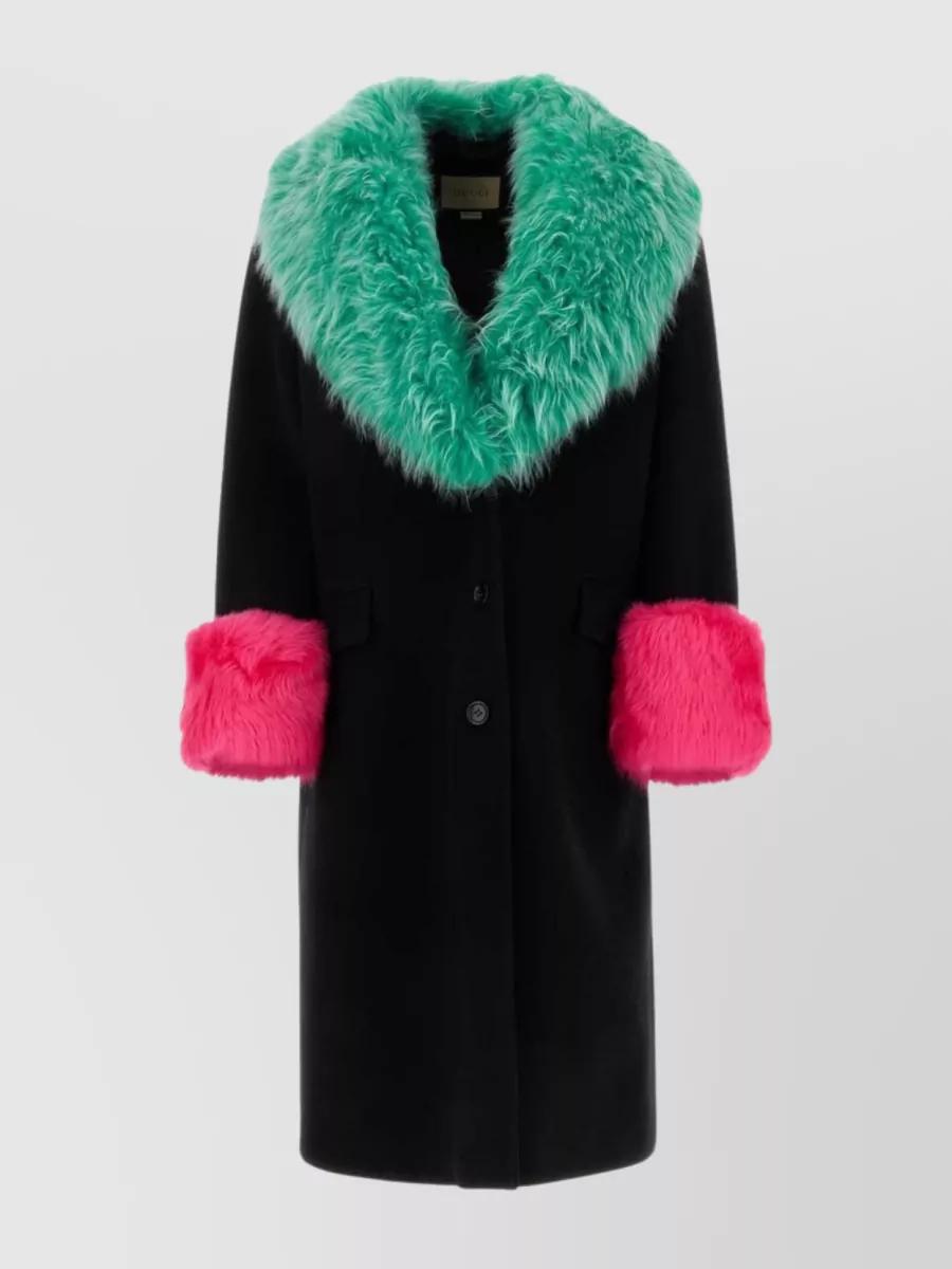 Gucci Wool Blend Coat With Fur Collar And Cuffs in Black | Lyst