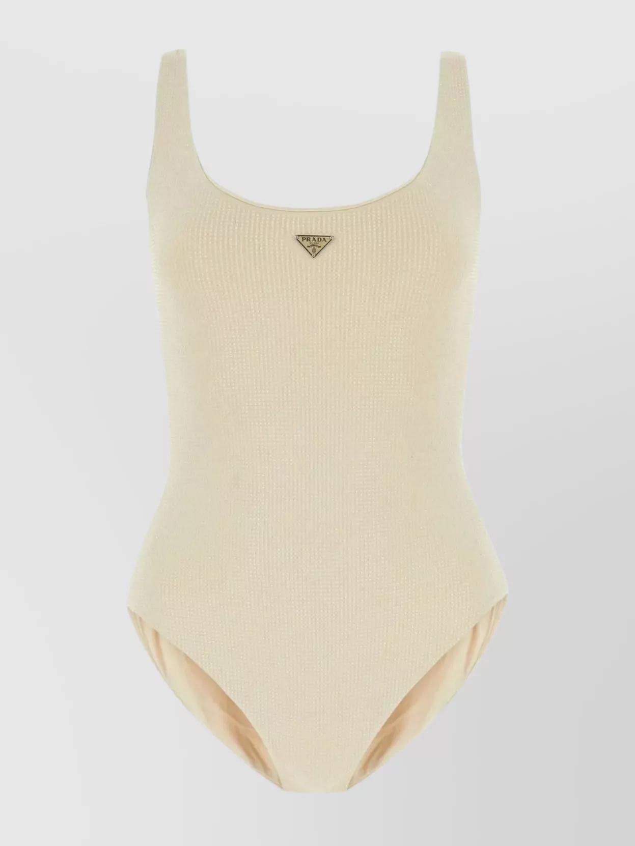 Prada Embellished High-Cut Leg Swimsuit in Natural | Lyst