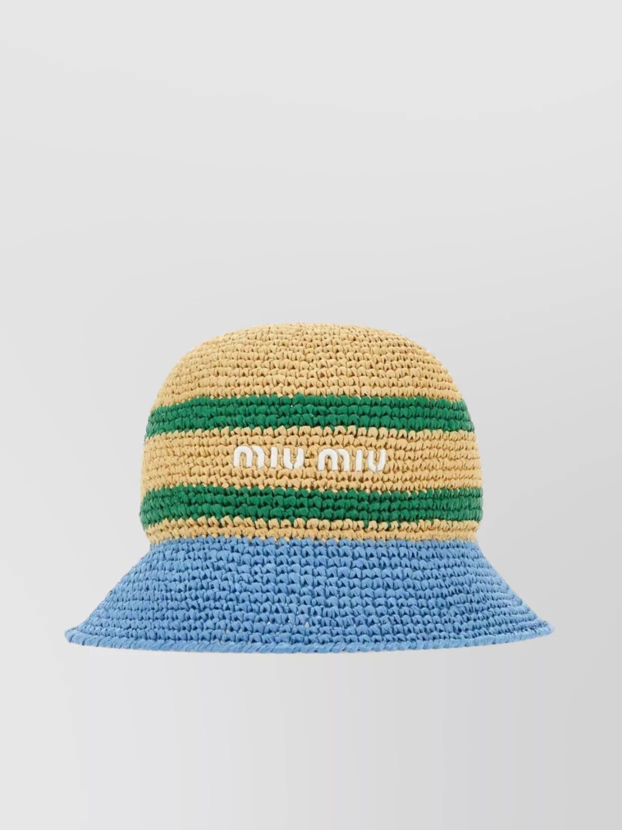Miu Miu Striped Raffia Bucket Hat With Wide Brim in Blue | Lyst