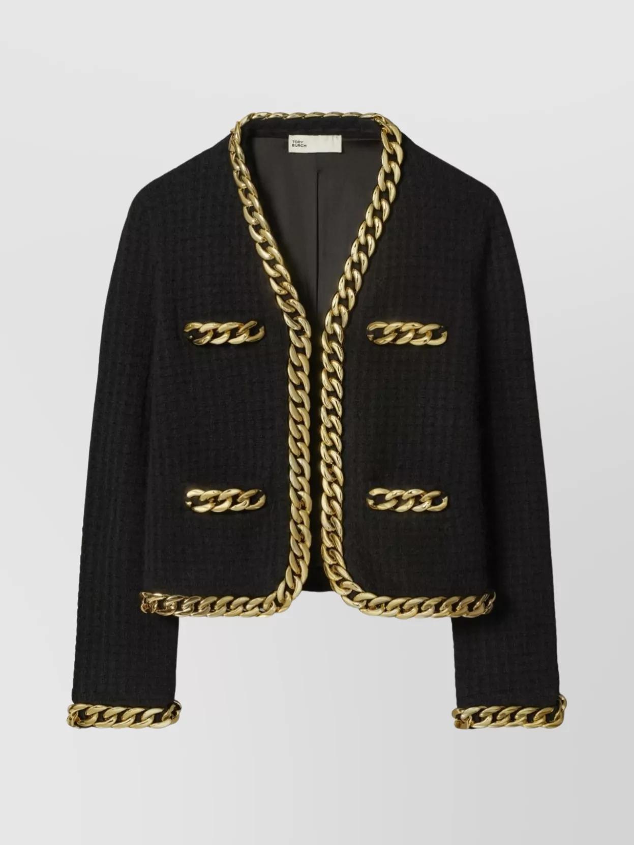 Tory Burch Chain-Link Trim Wool Cardigan With Accents in Black | Lyst
