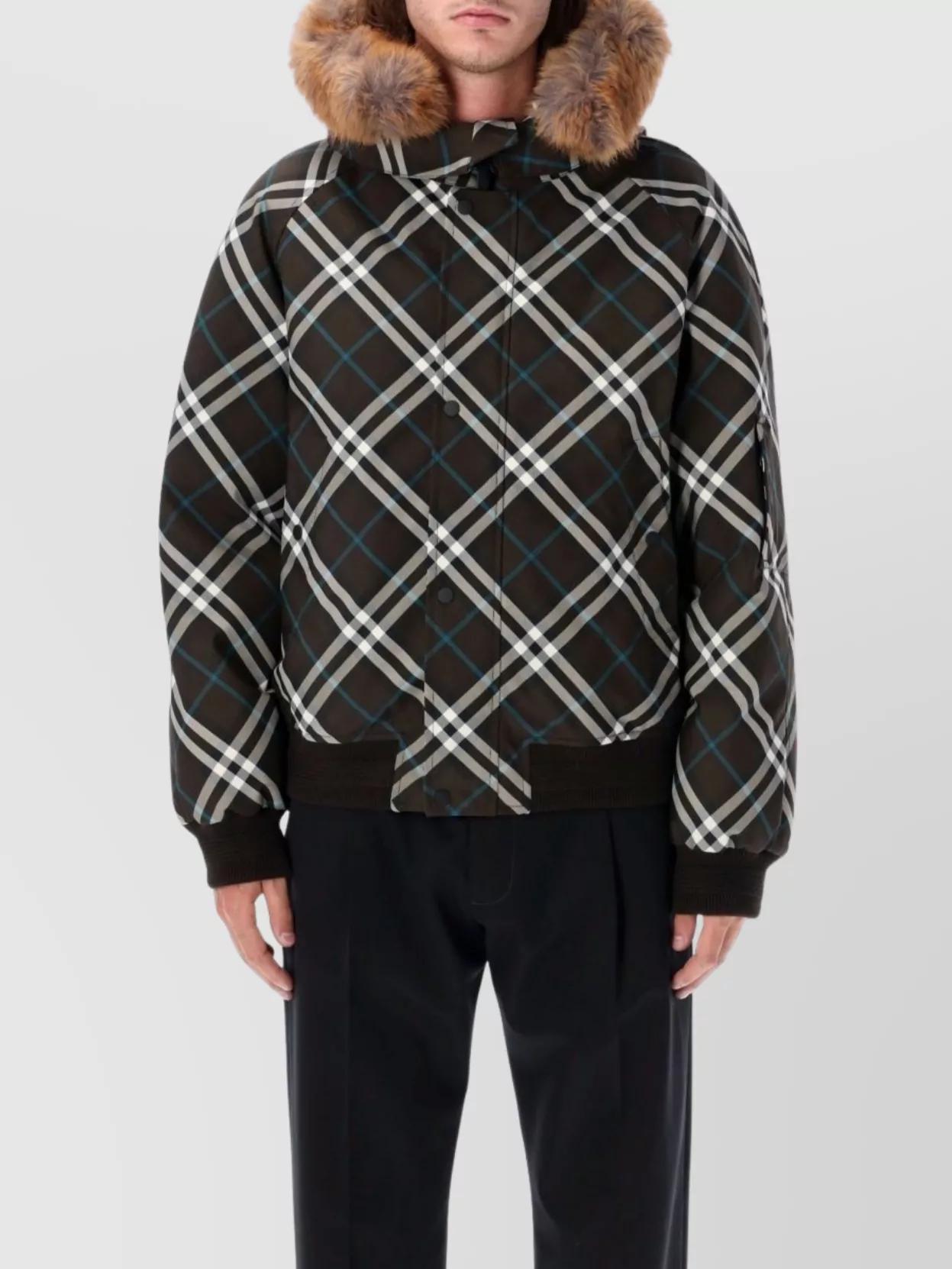 Burberry Checked Pattern Fur Hood Jacket in Black for Men | Lyst