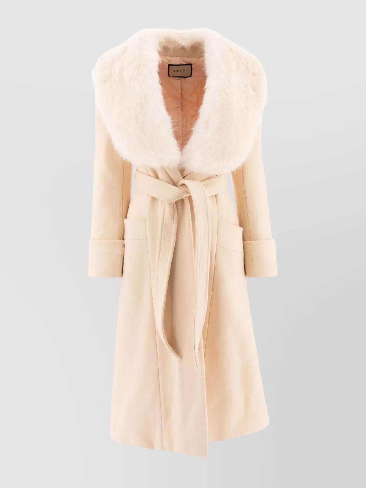 Gucci Wool Coat With Belt And Faux Fur Collar in Natural | Lyst