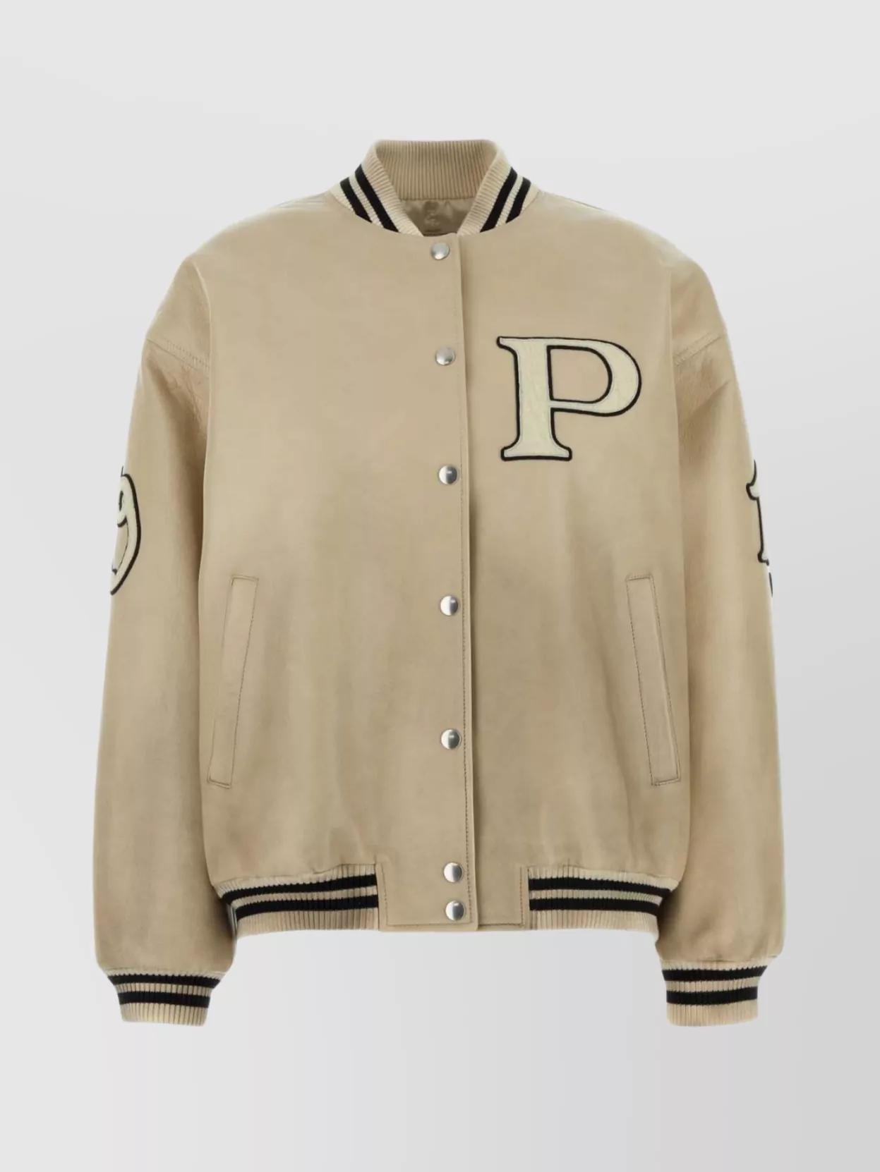 Prada Bomber Jacket With Embroidered Patches And Ribbed Trim in Natural ...