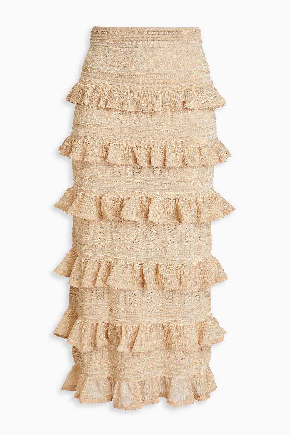Zimmermann Ruffled Metallic Pointelle-knit Midi Skirt in Natural | Lyst