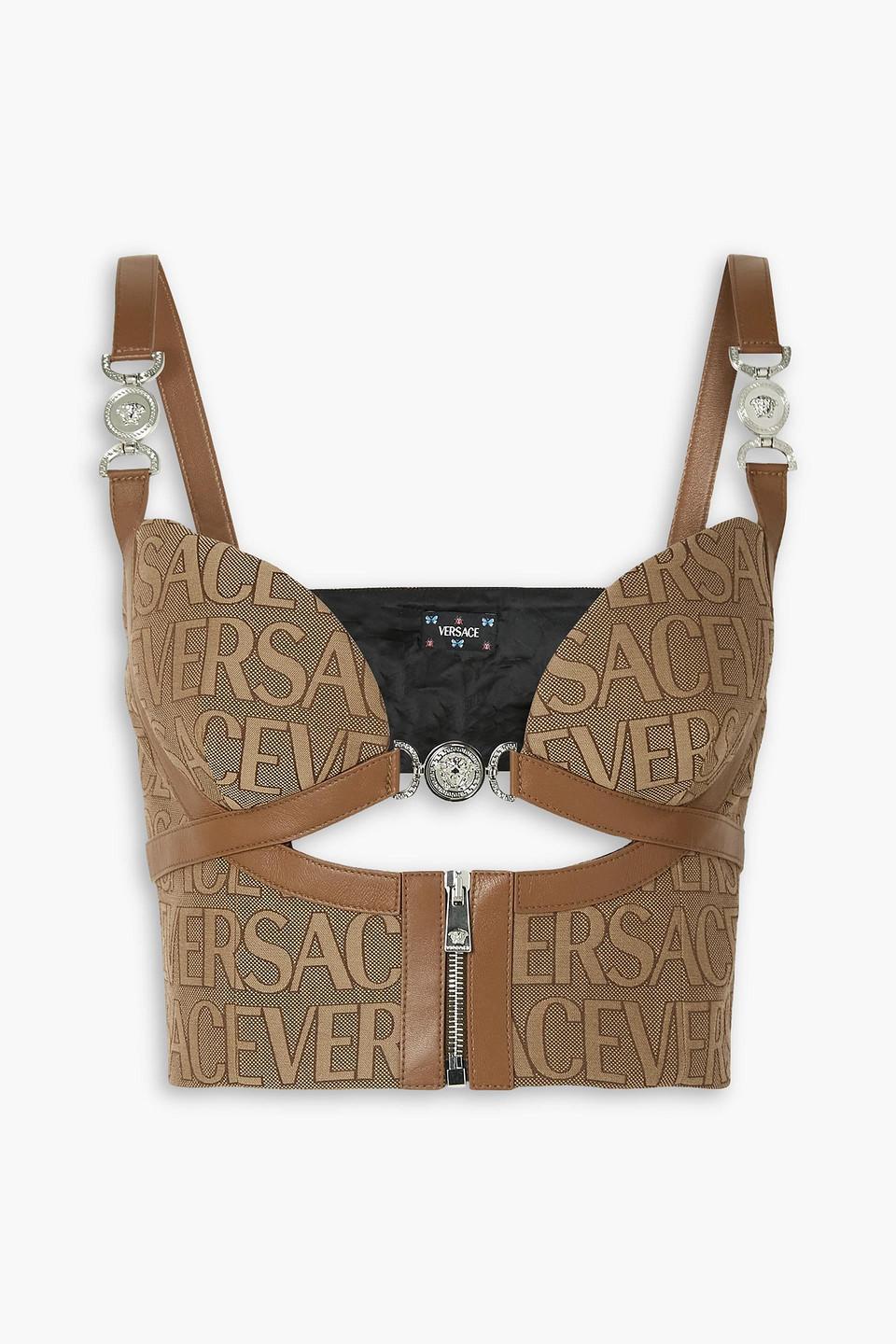 Versace Cutout Leather-trimmed Canvas-jacquard Bralette in Brown | Lyst