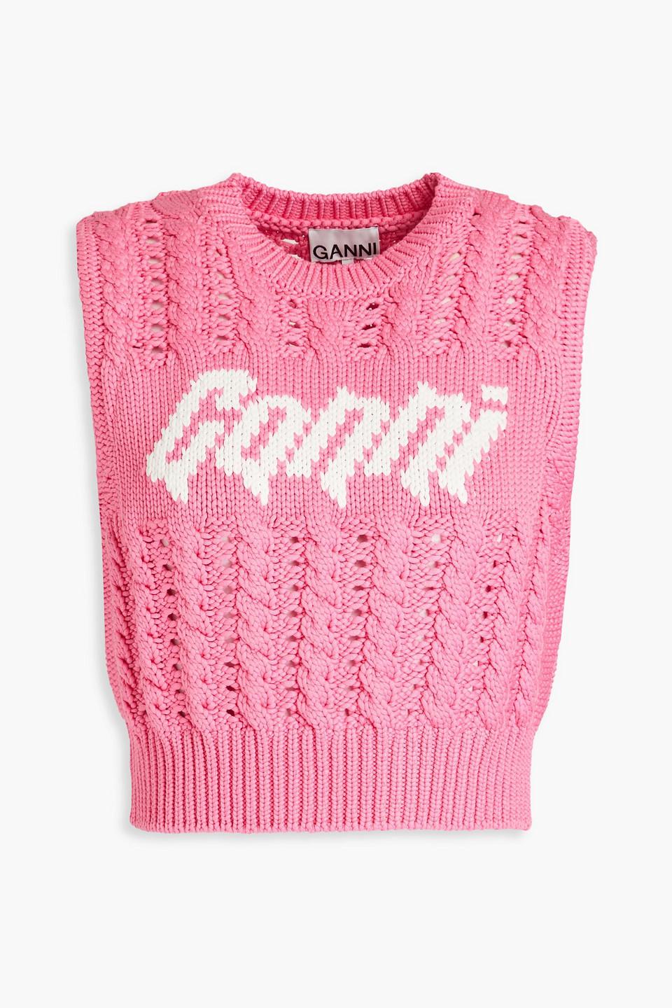Ganni Cropped Jacquard And Pointelle-knit Vest in Pink | Lyst