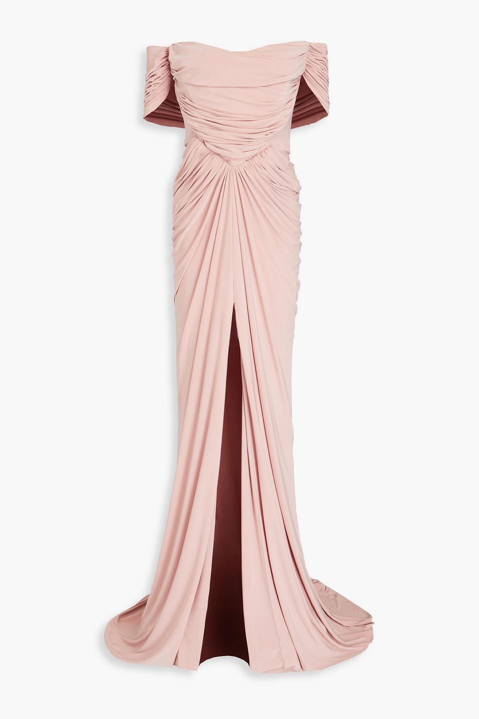 Rhea Costa Off-the-shoulder Draped Satin-jersey Gown in Pink | Lyst