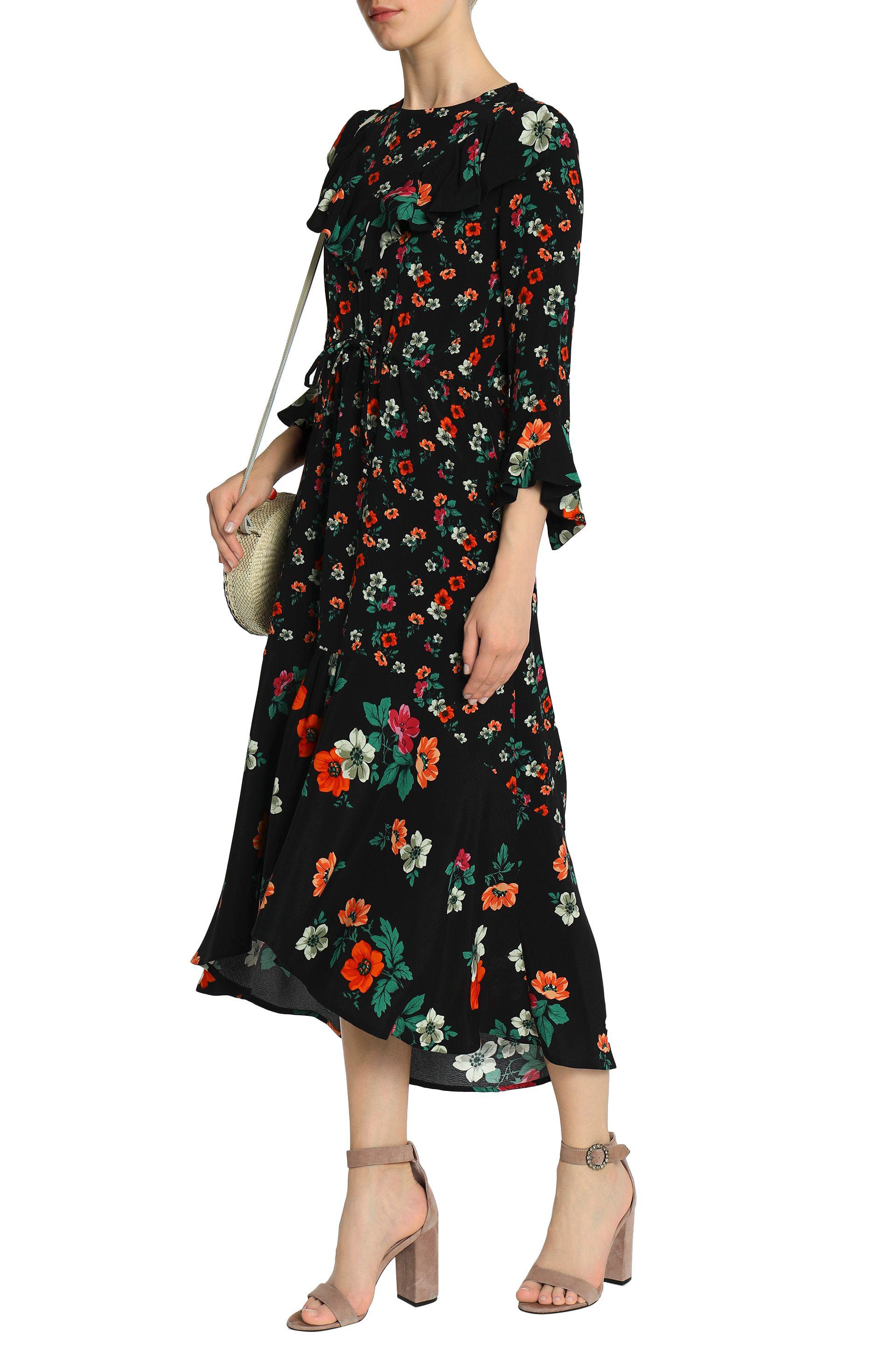 Maje Ruffle Floral Print Crepe Midi Dress In Black Lyst