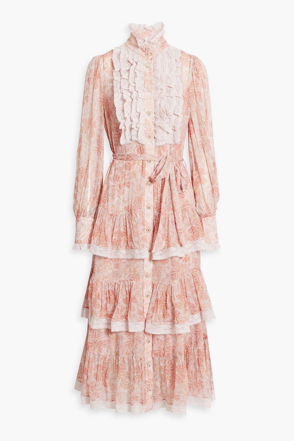 Zimmermann Lace-trimmed Ruffled Georgette Midi Dress in Pink | Lyst