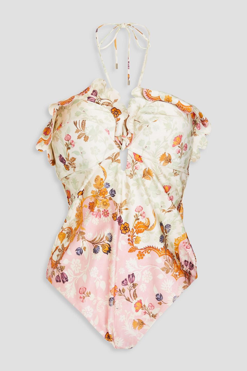 Zimmermann Ruffled Floral Print Halterneck Swimsuit In White Lyst