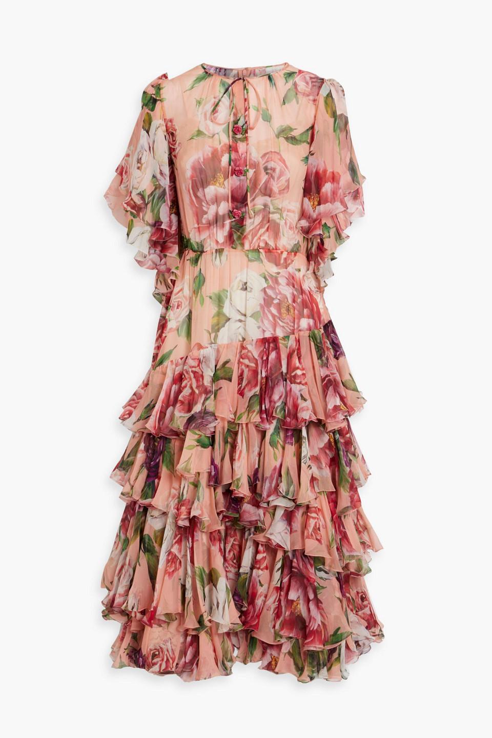 Dolce & Gabbana Ruffled Floral-print Silk-blend Chiffon Midi Dress in White | Lyst