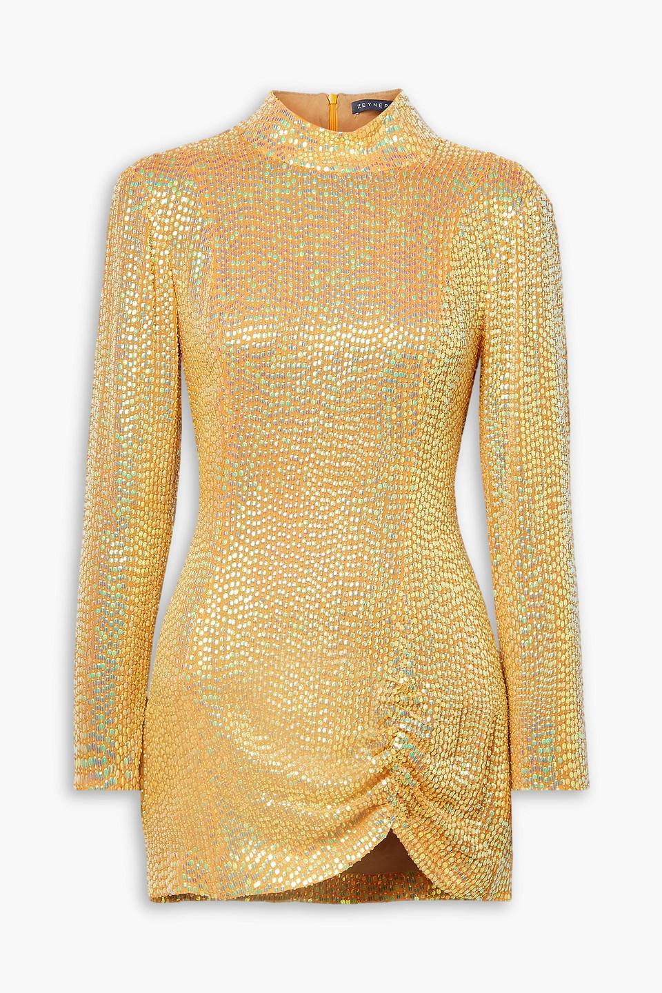 Zeynep Arcay Ruched Embellished Silk-chiffon Mini Dress in Yellow | Lyst