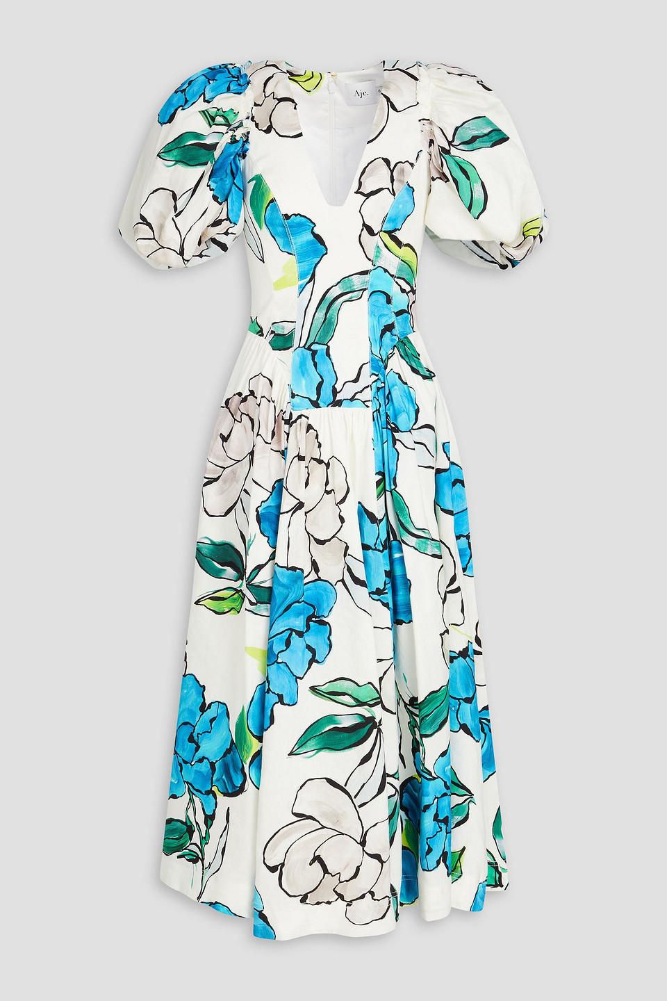 Aje. Pedestal Floral-print Linen-blend Midi Dress in Blue | Lyst