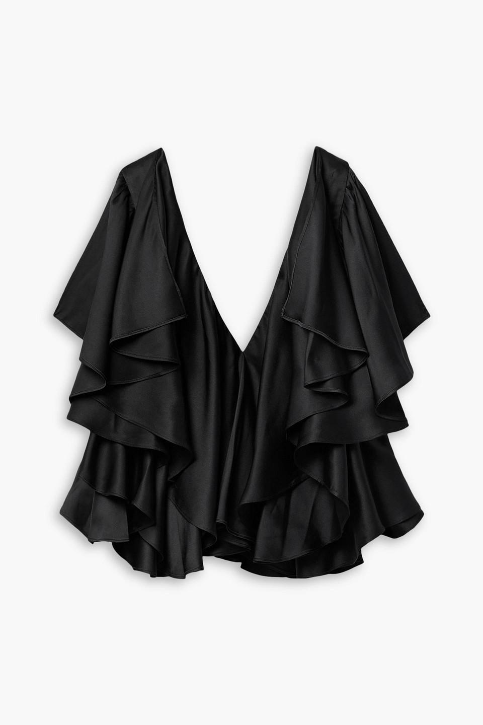 Interior Jane Ruffled Silk-satin Blouse in Black | Lyst