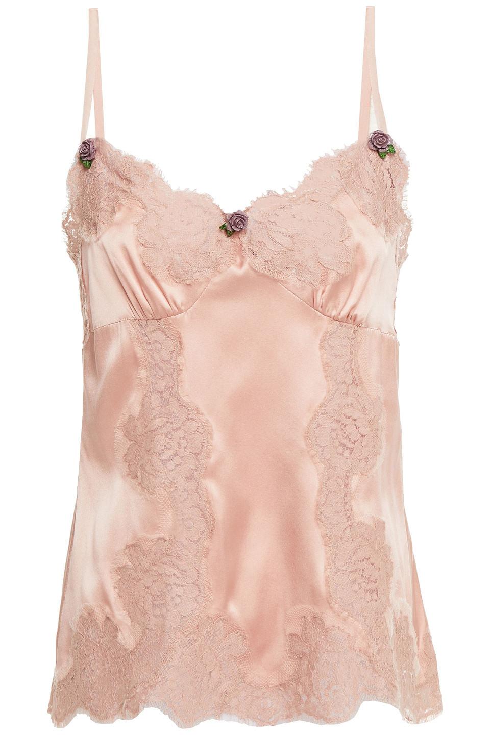Dolce And Gabbana Floral Appliquéd Lace Trimmed Silk Blend Satin Camisole