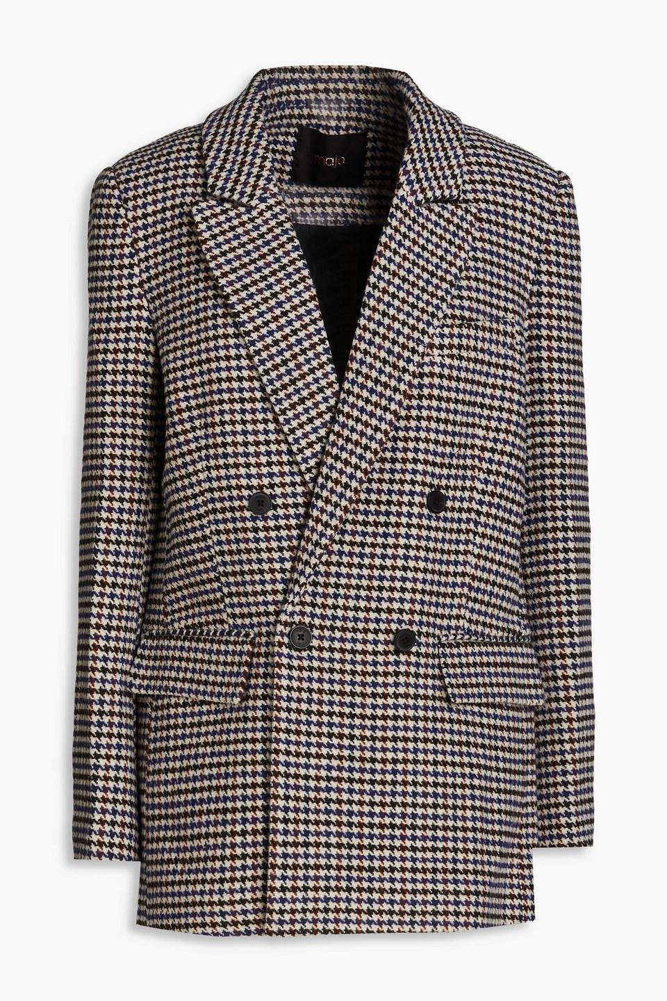 Maje Double-breasted Houndstooth Wool-blend Tweed Blazer in Black | Lyst