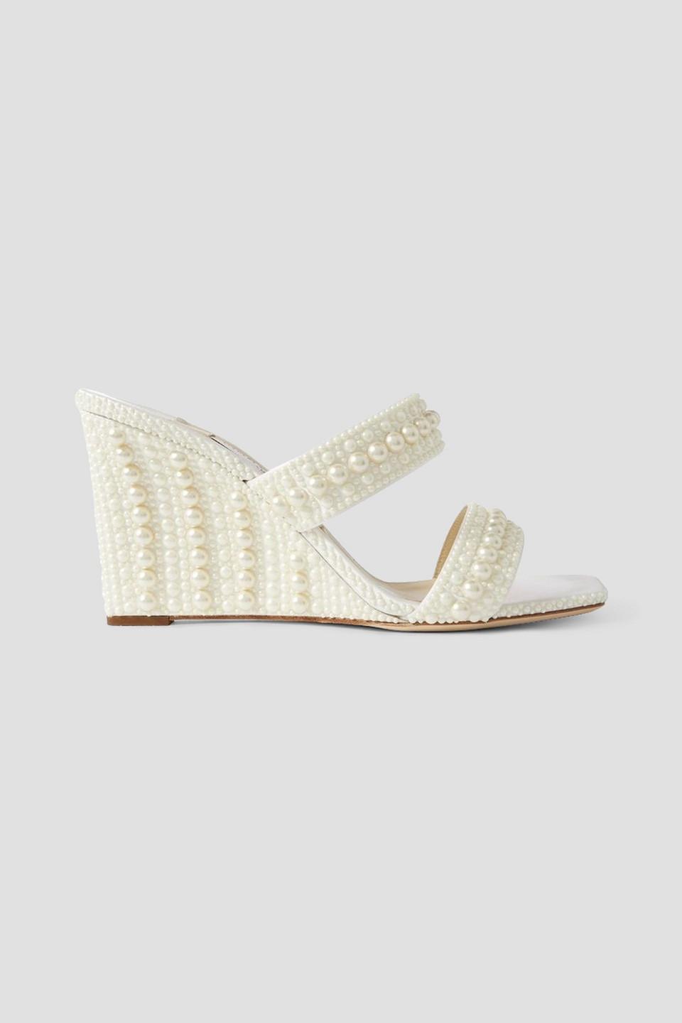 Jimmy Choo Sacoria 85 Faux Pearl-embellished Satin Wedge Sandals in White | Lyst