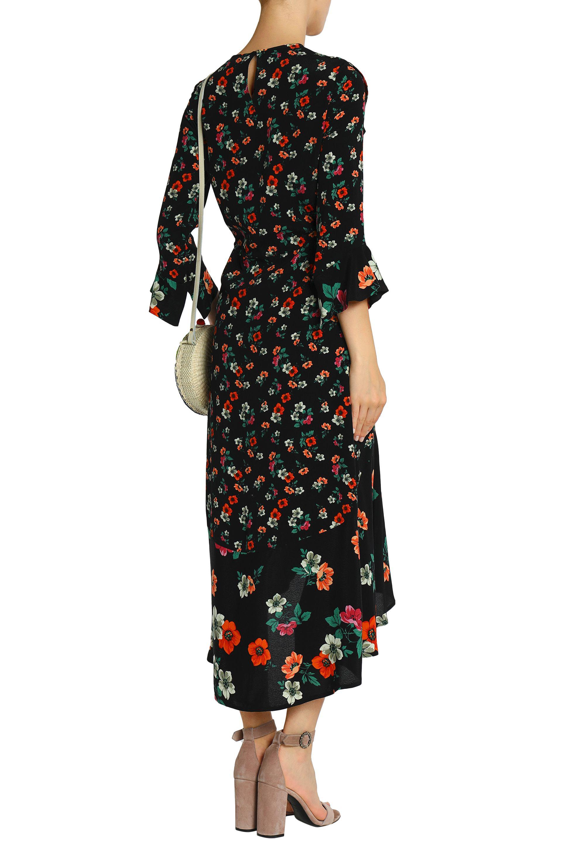 Maje Ruffle Floral Print Crepe Midi Dress In Black Lyst