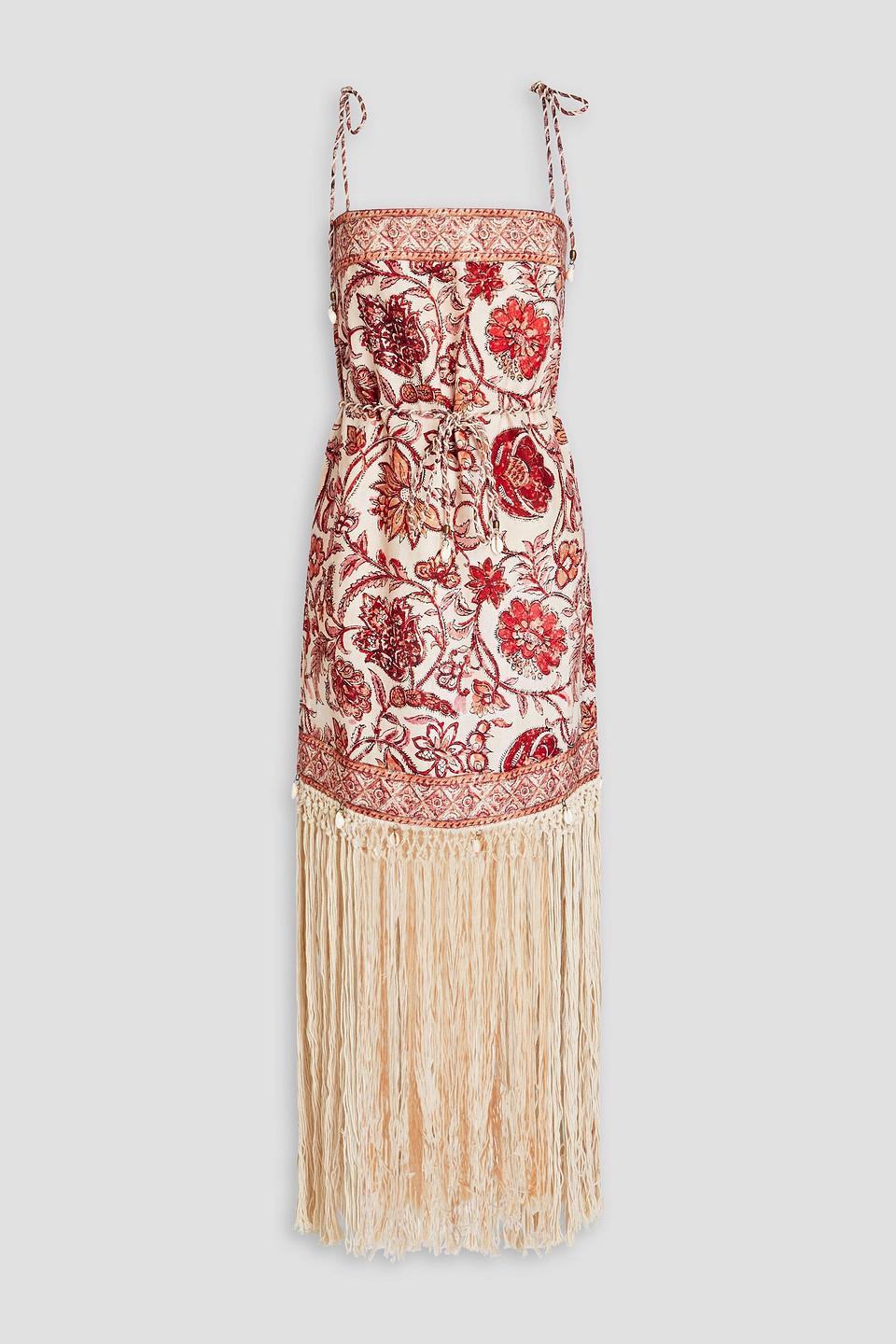 Zimmermann Fringed Floral-print Linen And Macramé Maxi Dress in Red ...