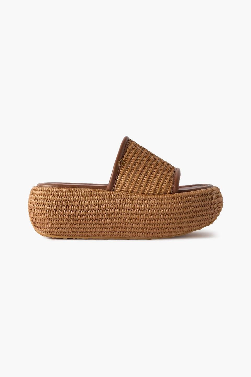 Gianvito Rossi Marbella Leather-trimmed Raffia Platform Slides in Brown ...