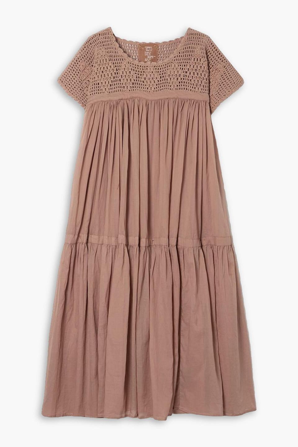 Yvonne S Wind Crochet-trimmed Cotton-voile Midi Dress in Brown | Lyst