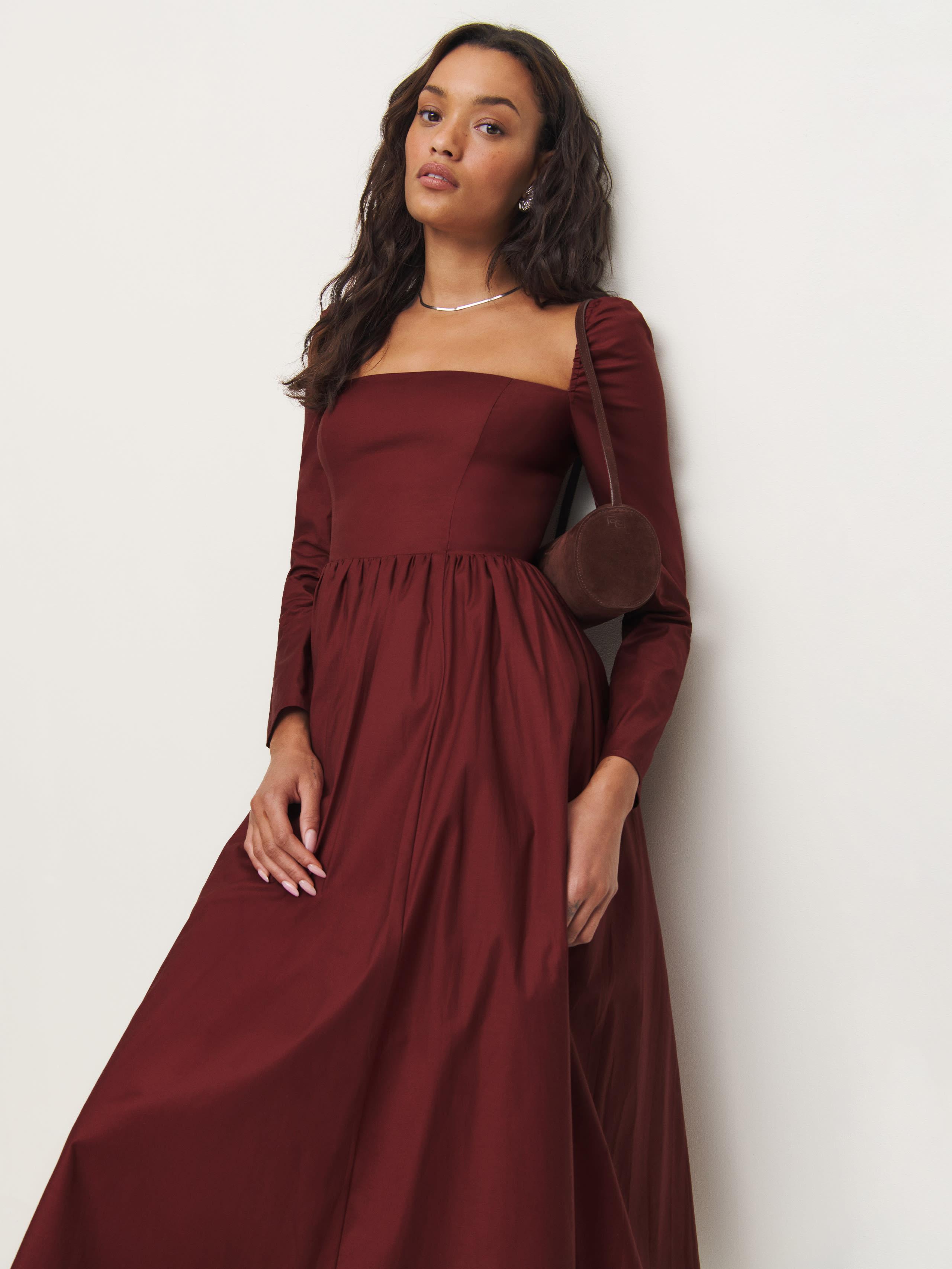 Reformation Square-Neck Long-Sleeve Midi Dress in Red | Lyst