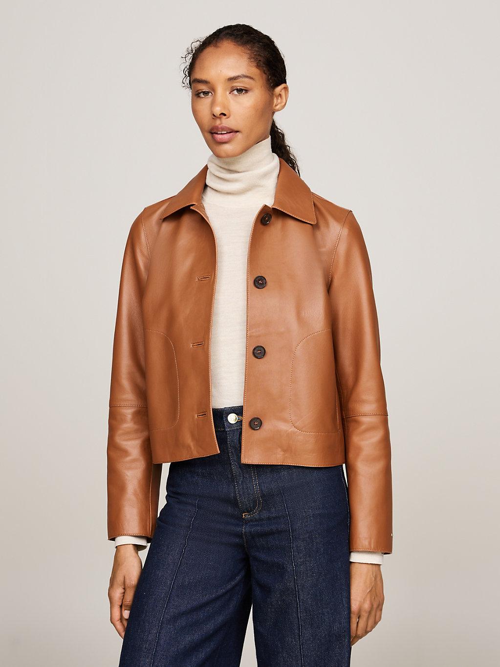Tommy Hilfiger Women s Blue Cropped Slim Leather Jacket jackets jackets
