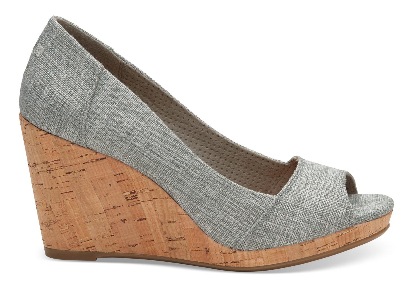 TOMS Drizzle Grey Metallic Woven Women's Stella Peep-toe Wedges in Gray ...