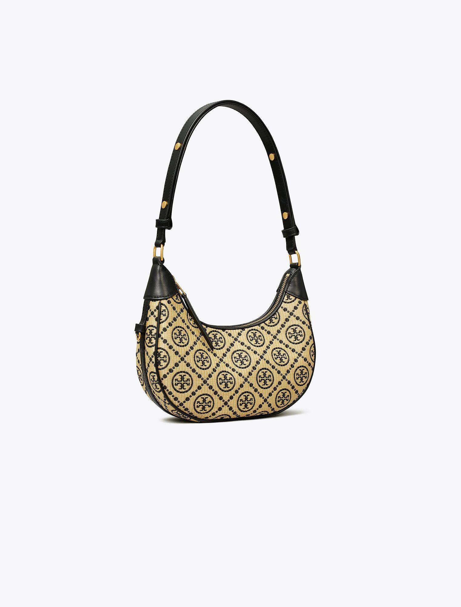 Tory Burch T Monogram Raffia Crescent Bag in Metallic | Lyst