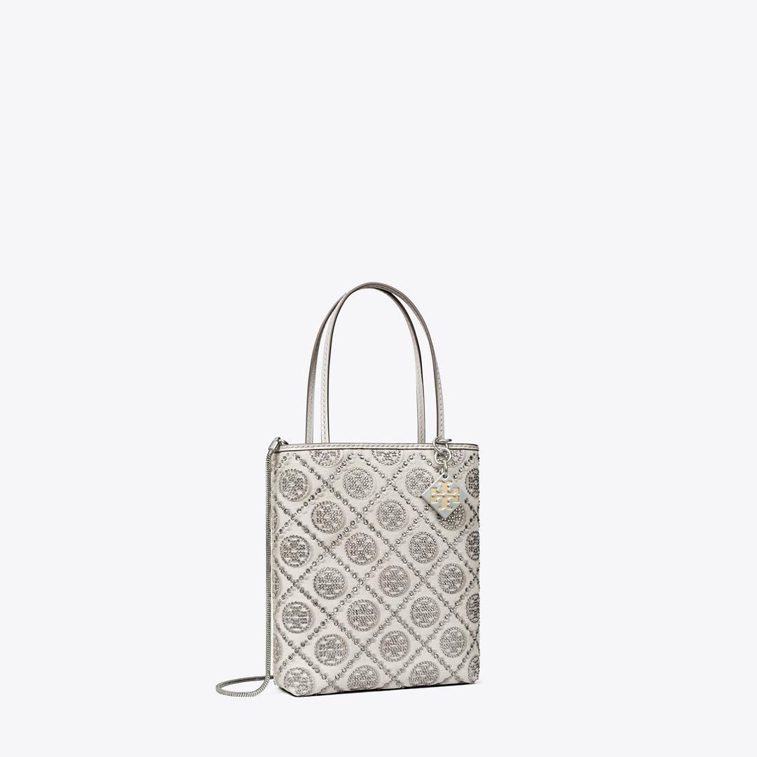 Tory Burch T Monogram Night Owl Embellished Mini Tote in White | Lyst