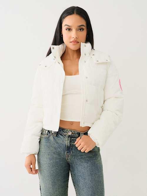 True Religion Faux Patent Leather Hooded Puffer Jacket in White | Lyst