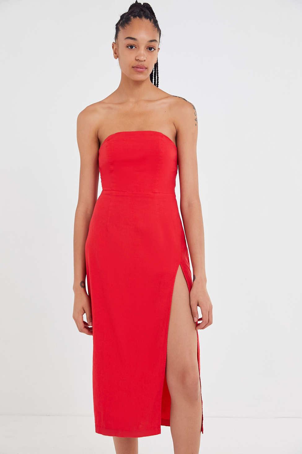 Urban Outfitters Uo Linen Strapless Midi Dress In Red Lyst