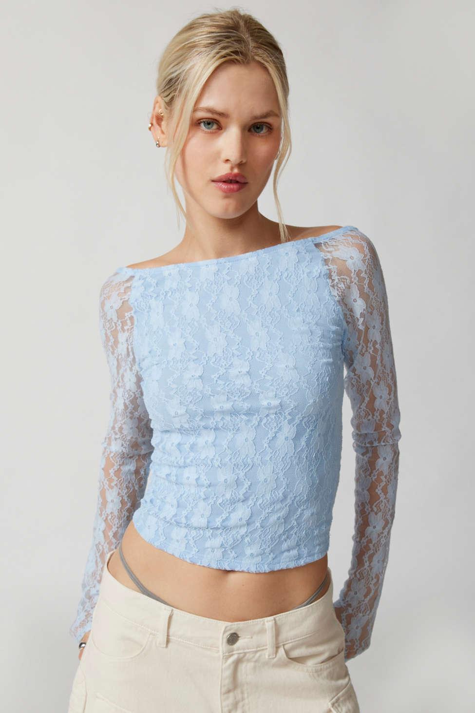 Urban Outfitters Uo Nadia Semi Sheer Lace Long Sleeve Top In Blue Lyst