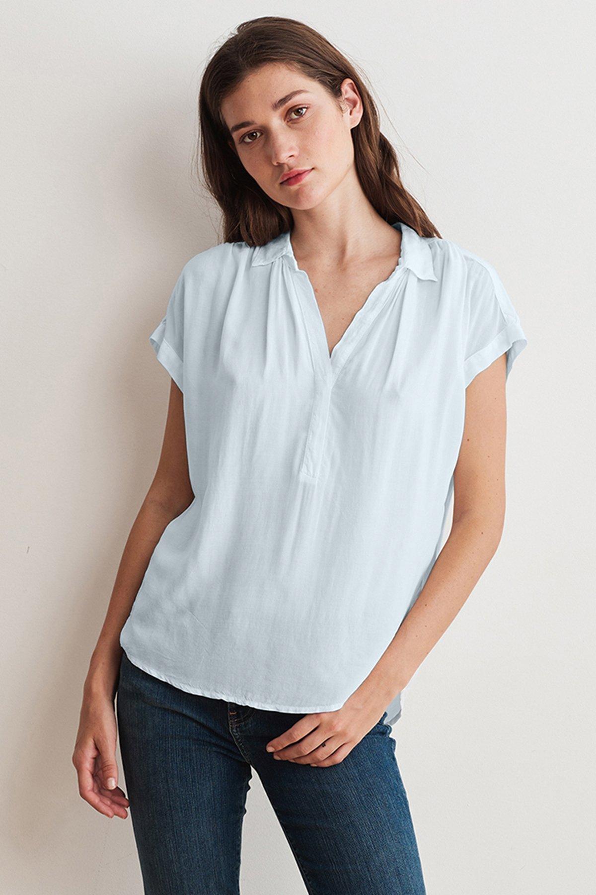 Velvet By Graham And Spencer Taylen Rayon Challis Short Sleeve Blouse In